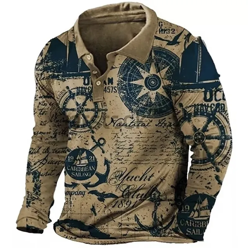 Designer Polo Shirts Men Nautical Anchor Compass 3D Printed Long Sleeve ...