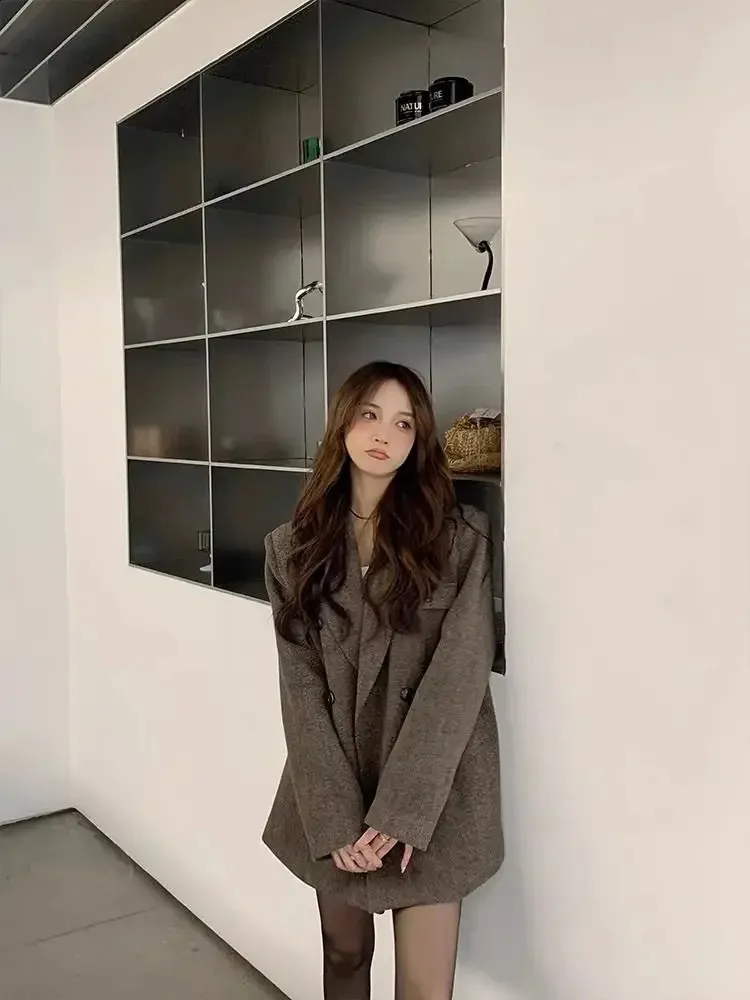 Women's Herringbone Wool Blend Double Breasted Jacket - Casual Retro Style, Loose Fit, Solid ...