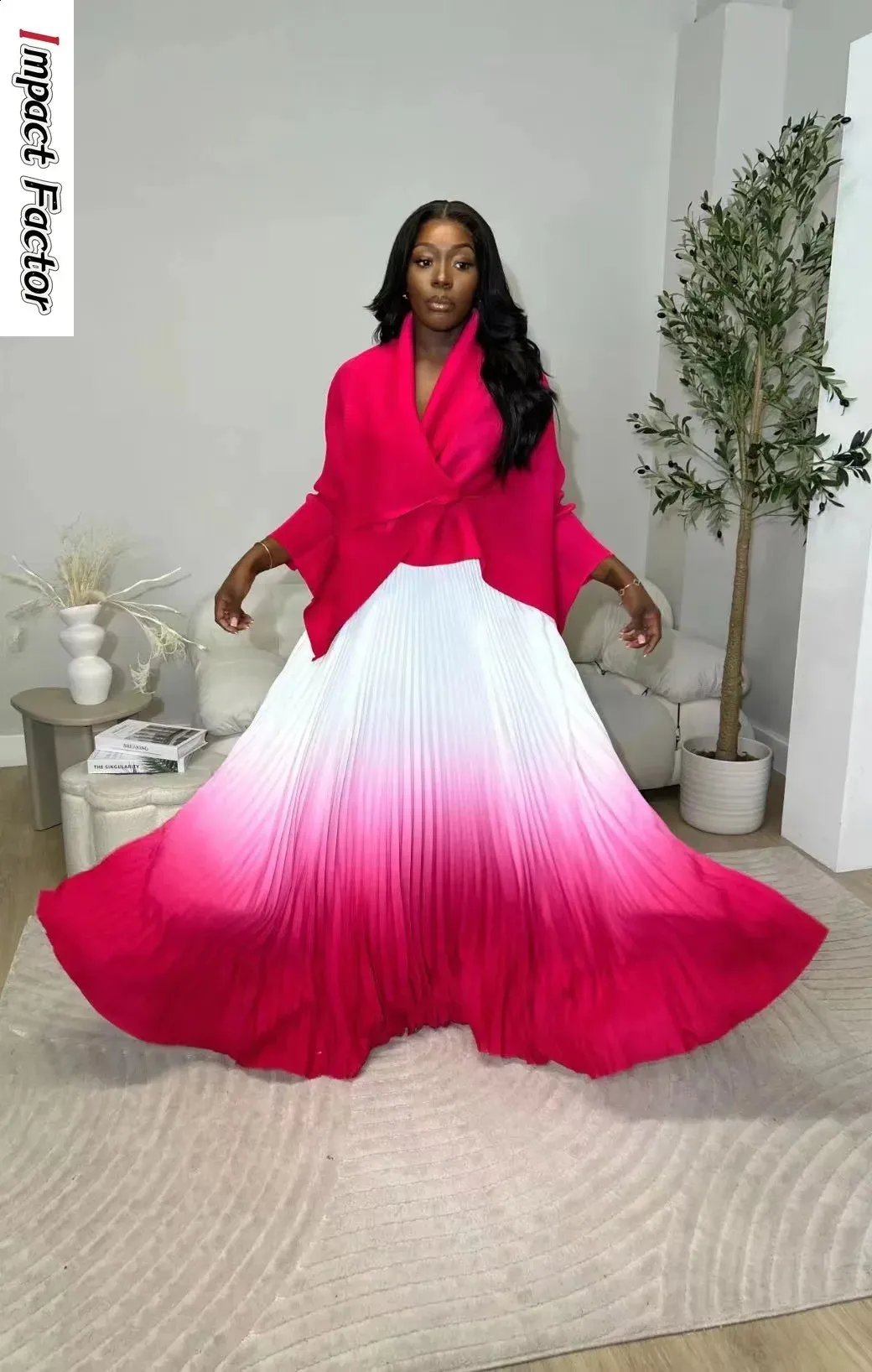 Pleated Set: Lapel Top with Lace-Up Waist & Gradual Color Change Skirt ...