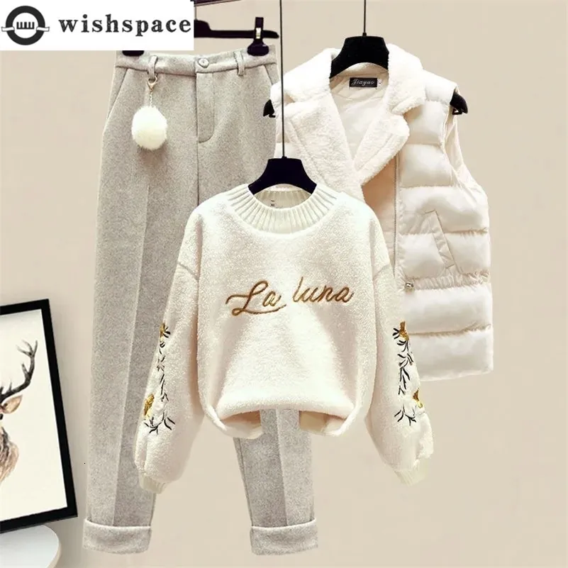Women's Cotton Knitted Three Piece Set: Long Sleeve Sweater, Jacket ...