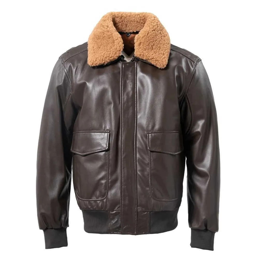 Men's Genuine Leather Flight Jacket with Natural Fur Collar - Soft ...