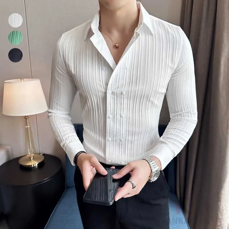 Mens Solid Color Long Slyved Shirt Fashionable And Elegant Double Chest ...