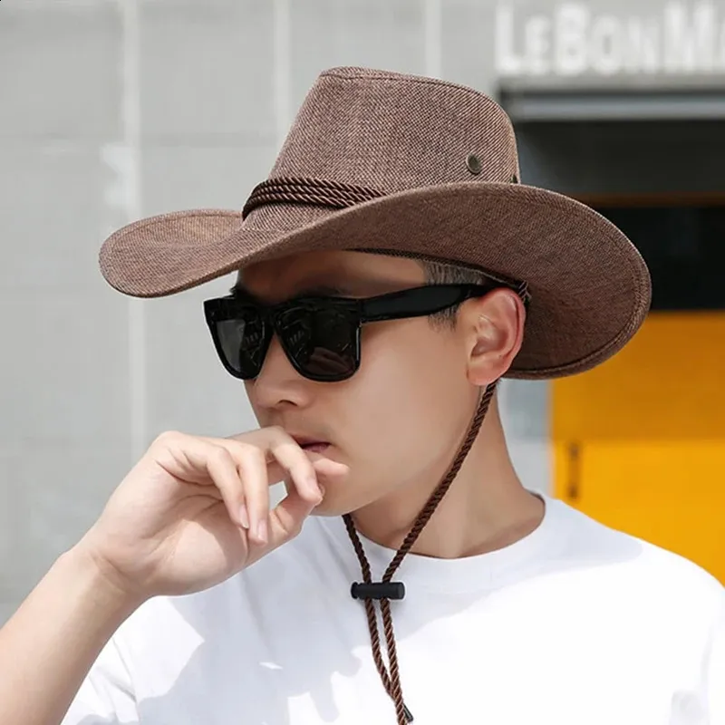 Mens Wide Brimmed Denim Sun Hat Cowboy Style Silk Material Brown UV ...