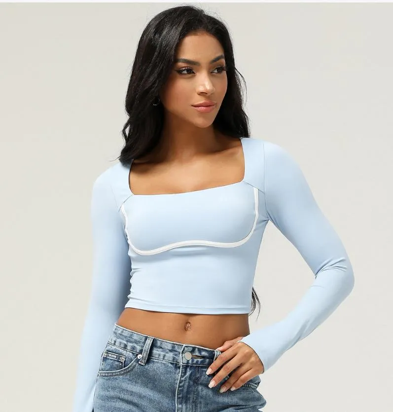 A573 Women Tight fitting Sports Long sleeved T shirt Woman Collar Short Casual Long sleeved Autumn and Winter Shirts with Chest Pad Yoga Clothes