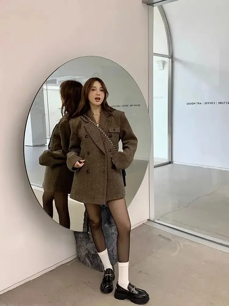 Women's Herringbone Wool Blend Double Breasted Jacket - Casual Retro Style, Loose Fit, Solid ...