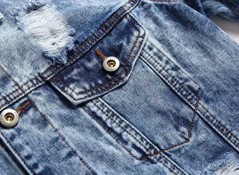 Men's Slim Fit Retro Denim Jacket with Ripped Holes and Button Lapel ...