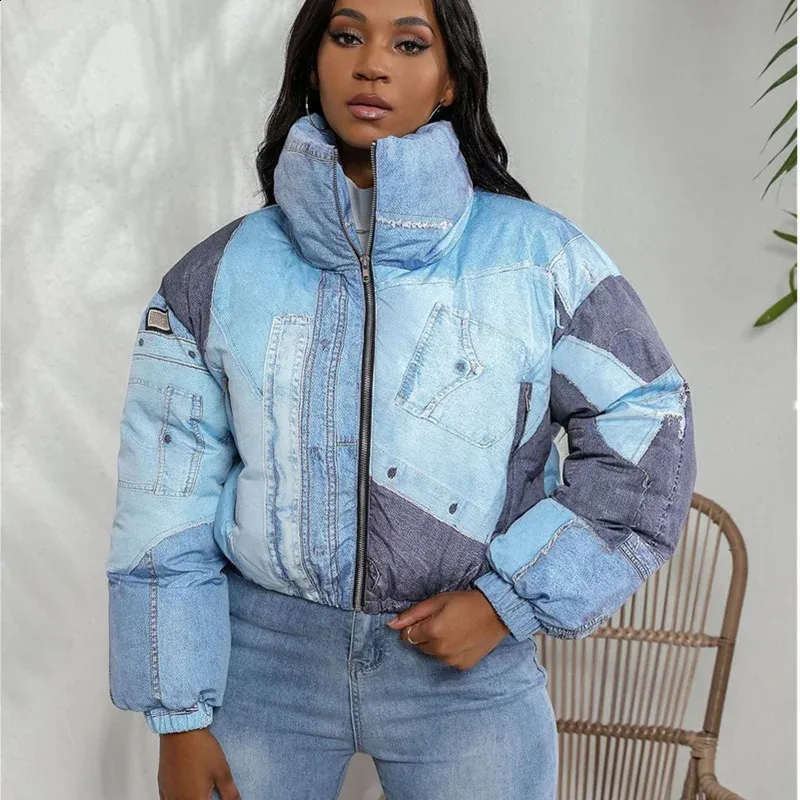 Stylish Women's 3D Print Padded Denim Hoodie Jacket Women Winter Warm ...