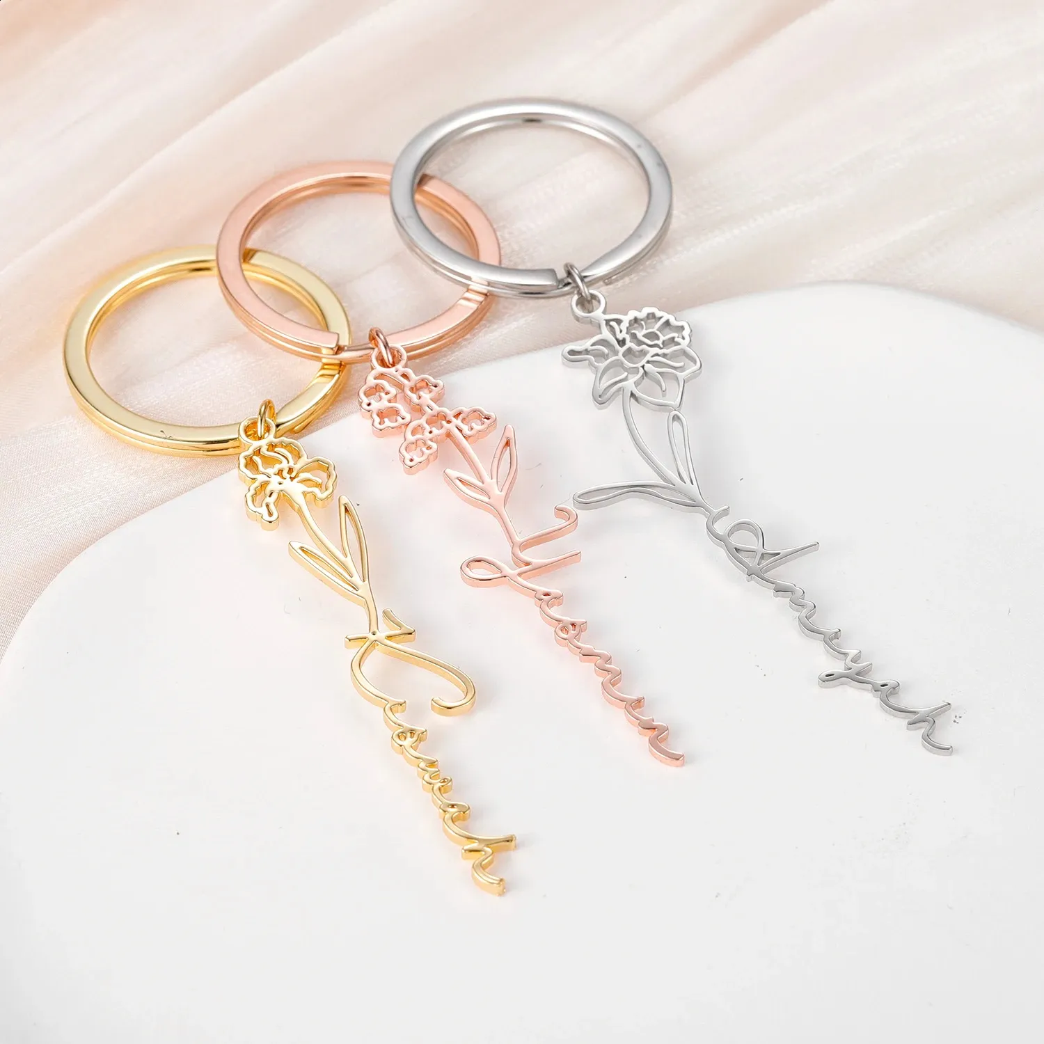 Personalized Birth Flower Keychain - Stainless Steel Dainty Name ...