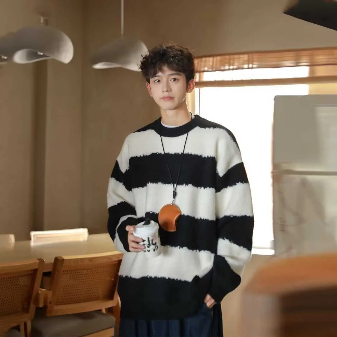 Men's Irregular Hole Knit Sweater - Striped, Ruffian Style, Versatile ...