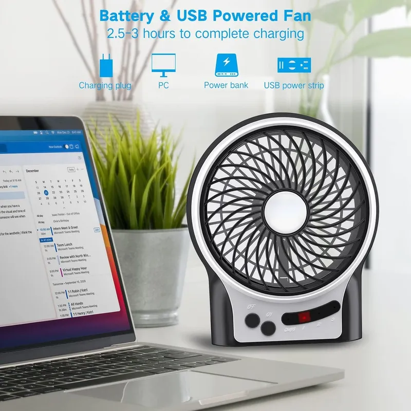 Mini Desk Fan with LED Light - 3 Speeds, Rechargeable USB Powered Fan ...