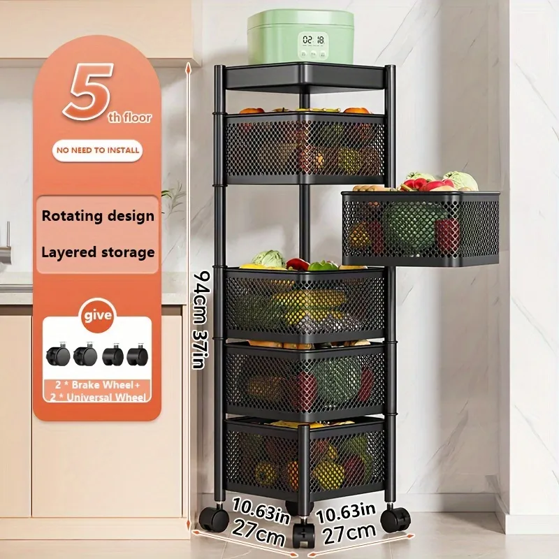 5-Tier Rotating Metal Utility Rack: Spacious Floor Standing Storage ...
