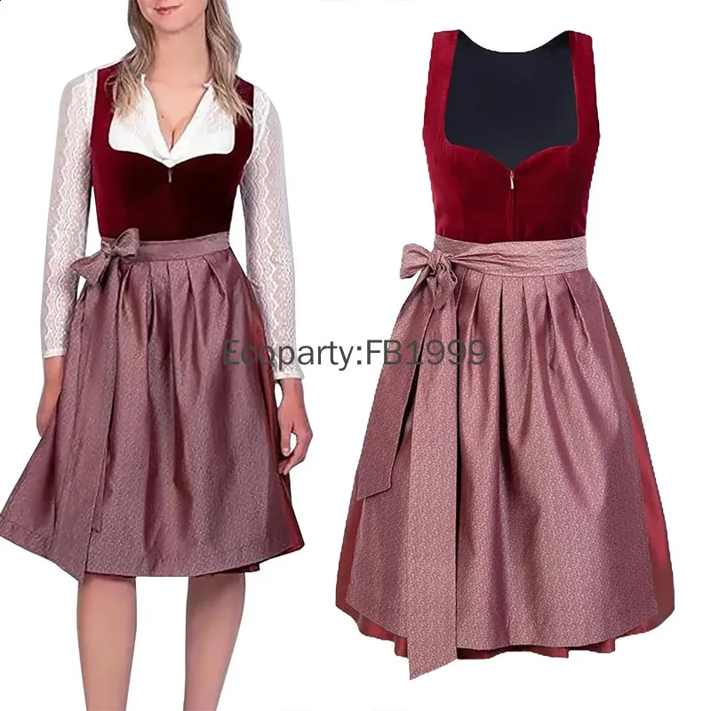 Womens German Beer Girl Role Playing Costume Bavarian Beer Festival Red Velvet Dirndl Dress With