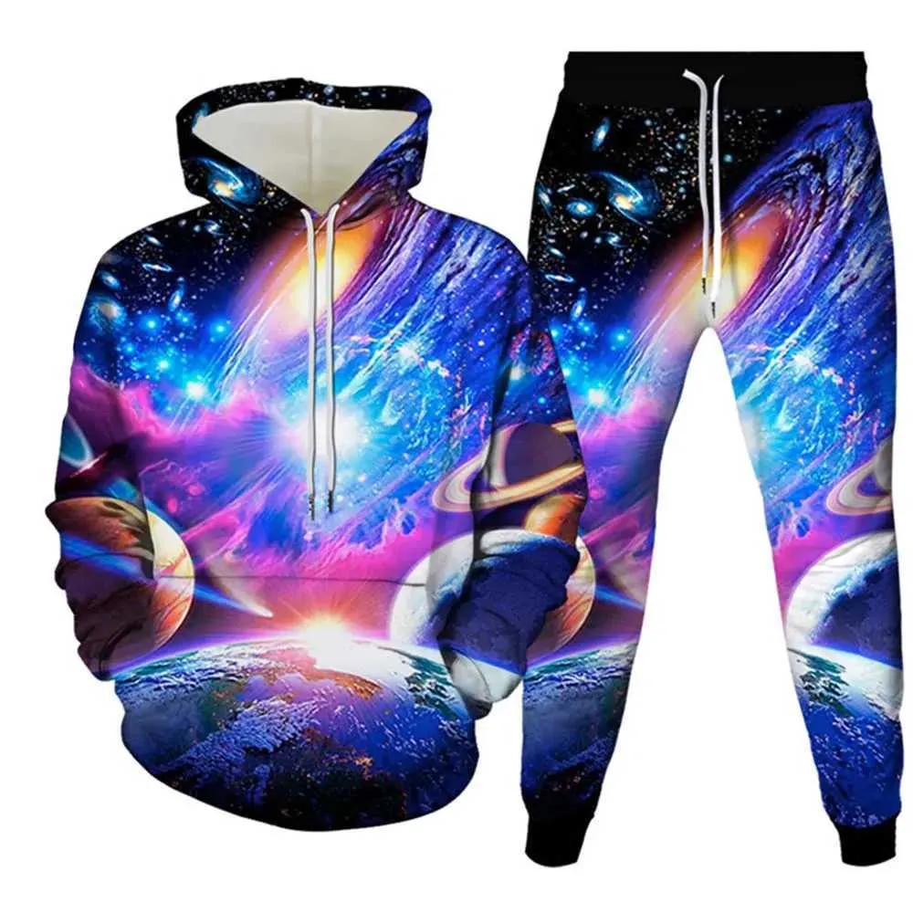 Men's 3D Galaxy Print Tracksuit Set - Casual Hoodie & Pants ...
