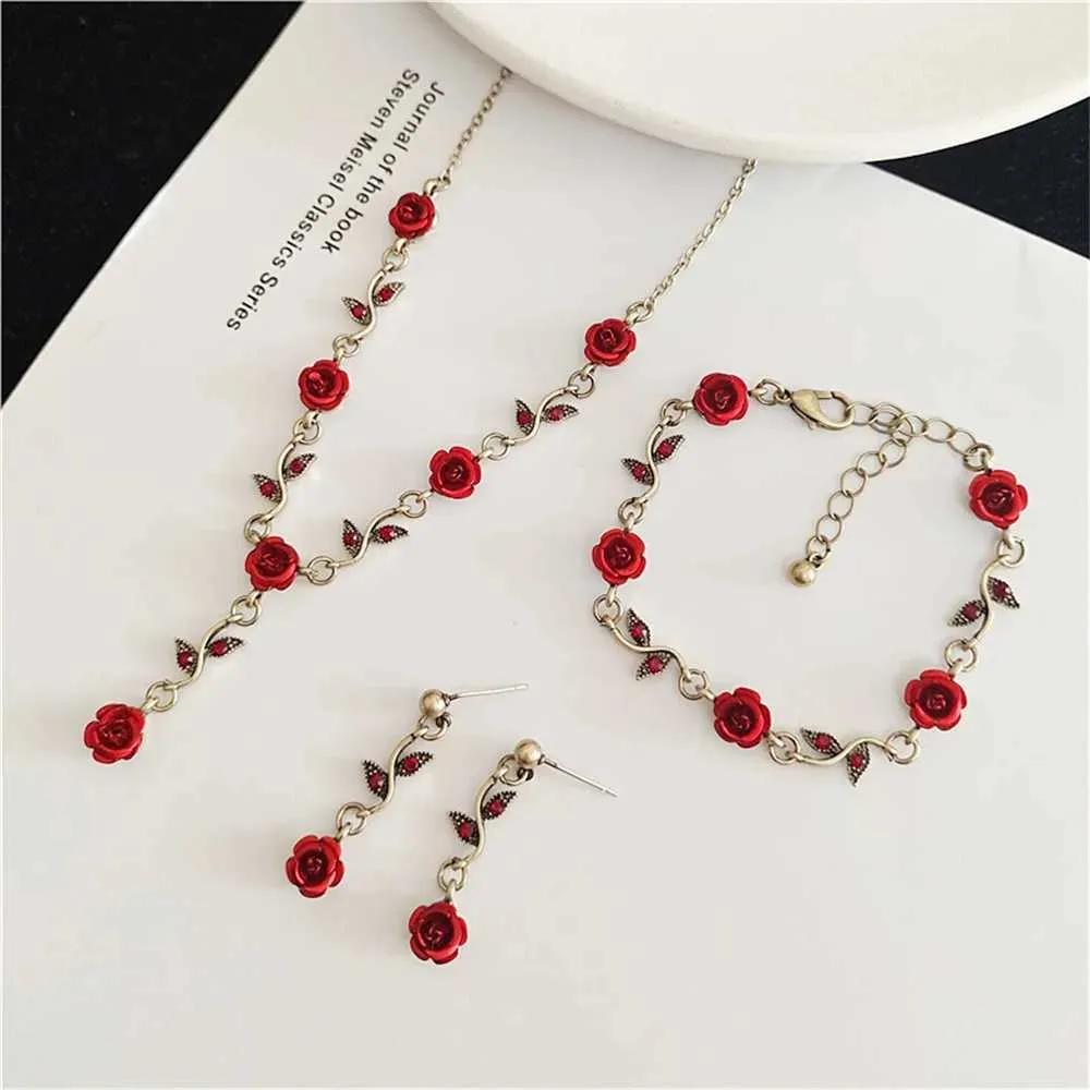 Elegant Red Rose Jewelry Set - Necklace, Bracelet & Earrings - Perfect ...