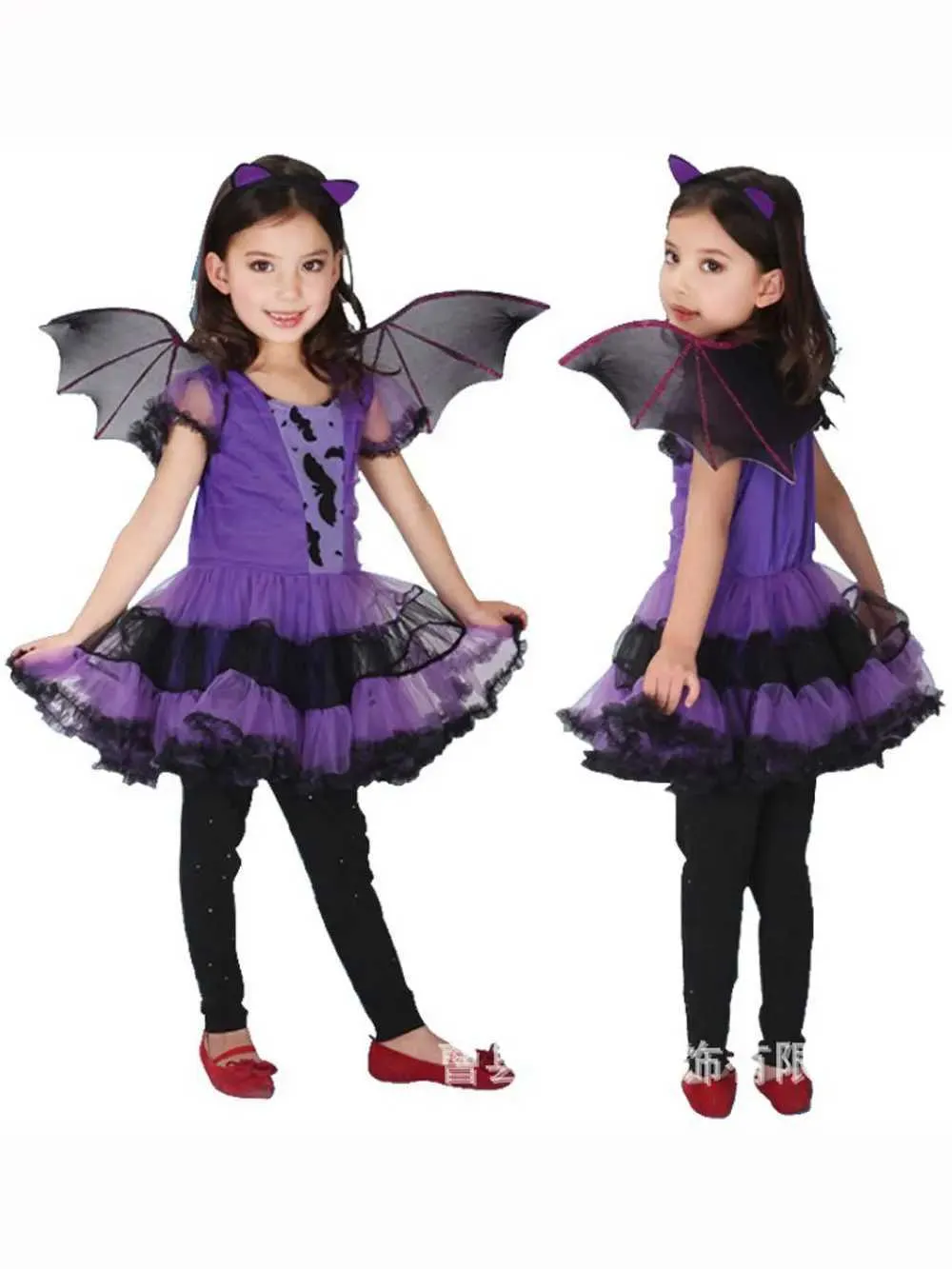 Girls Purple Black Witch Costume Dress with Bat Lace, Wings Headband ...