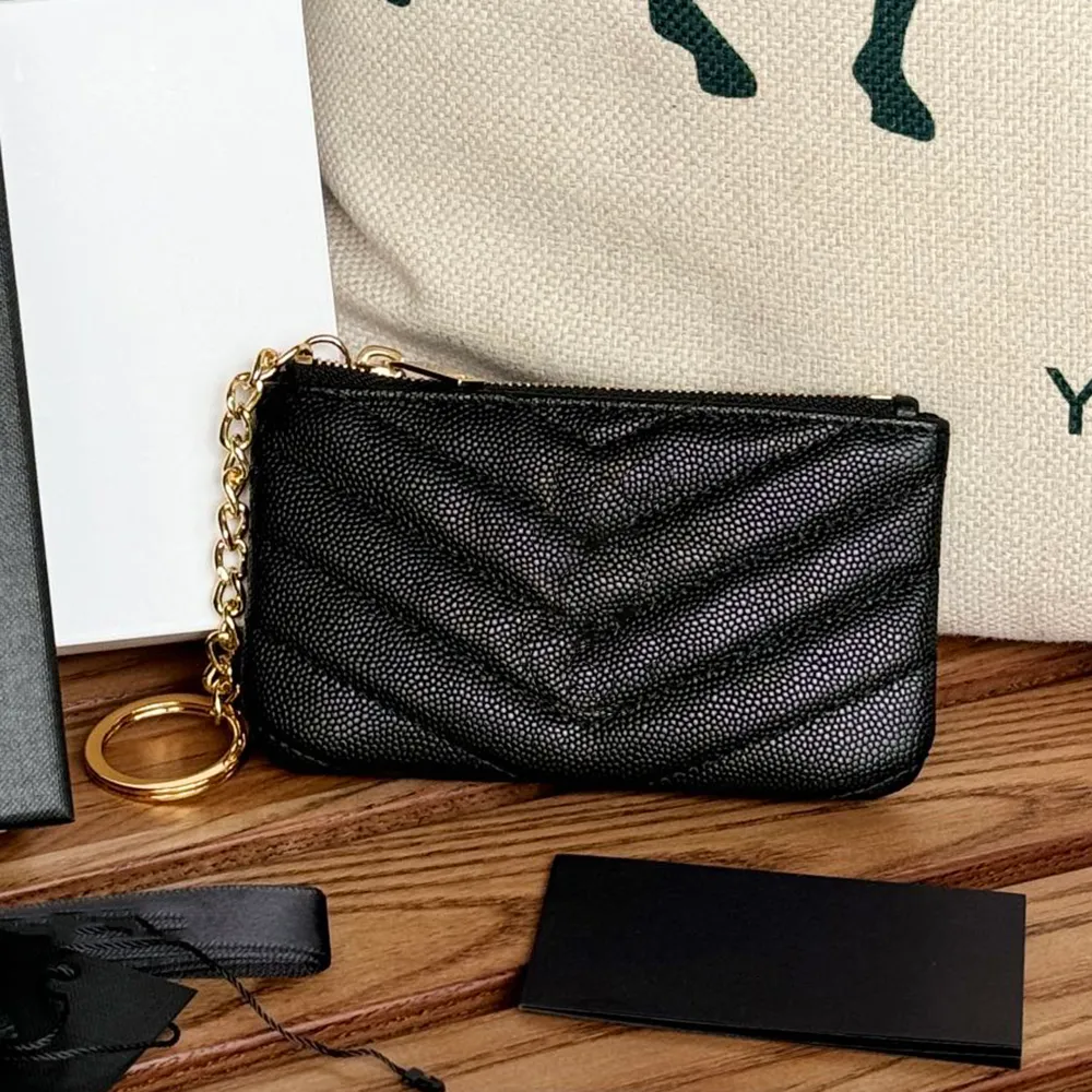 Caviar Cowhide Leather Key Chain Wallet - Designer Card Holder with ...