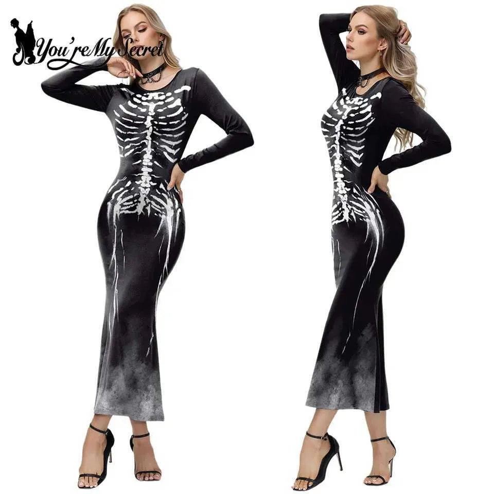 Vintage Gothic Skeleton Print Catsuit Long Bodycon Dress For Women Long ...