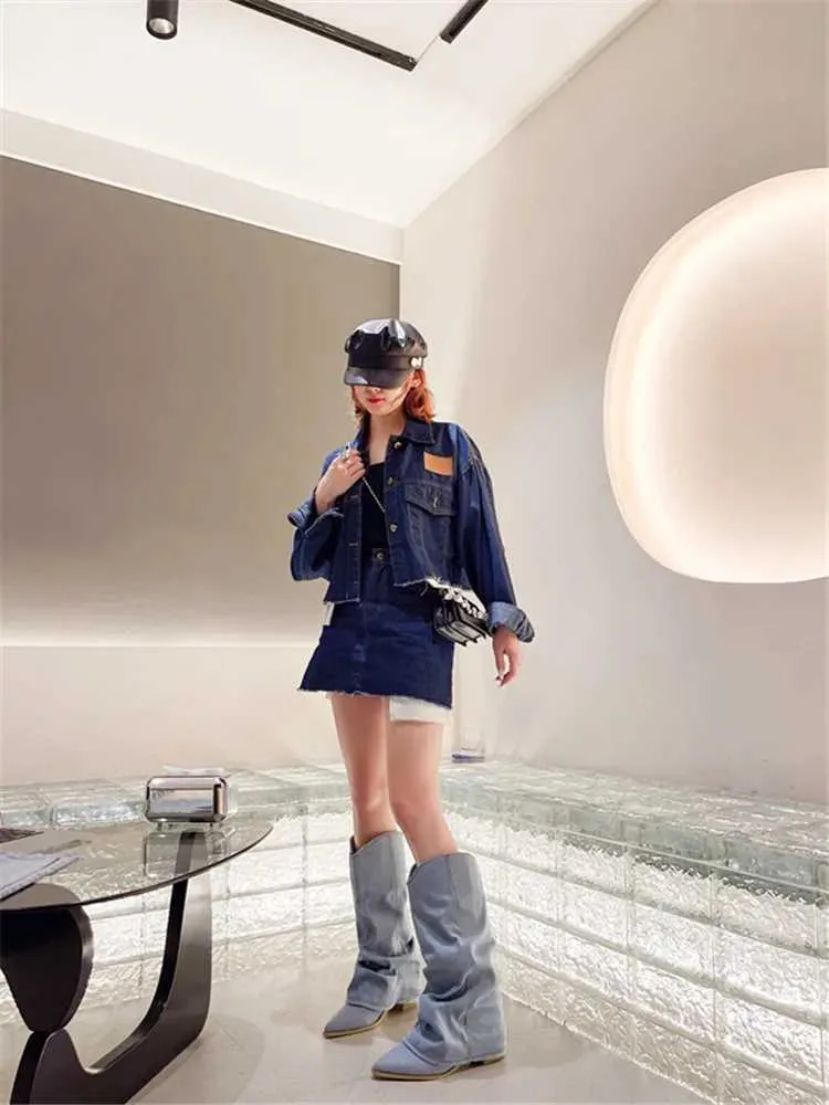 Pleated Denim High Boots - Women's Western Style, Autumn Ready! Shop ...