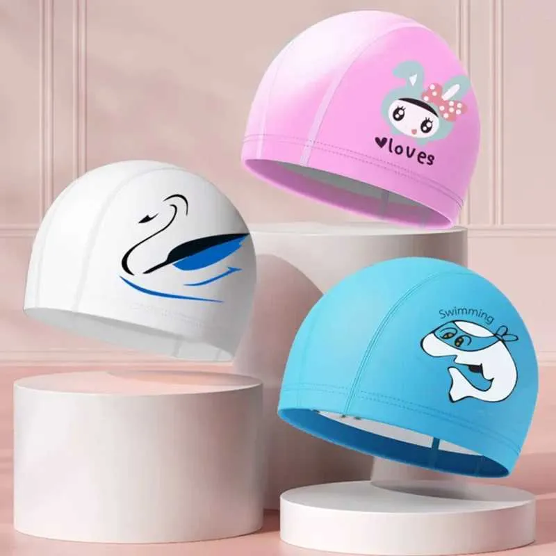 Kids Cartoon Swimming Cap with Ear Protection - Waterproof PU, High ...