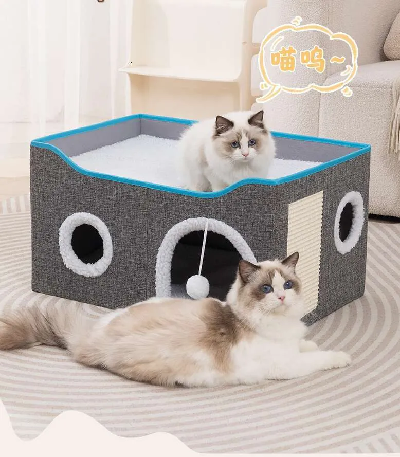 Foldable Semi Enclosed Cat House with Climbing Frame, Scratch Board ...