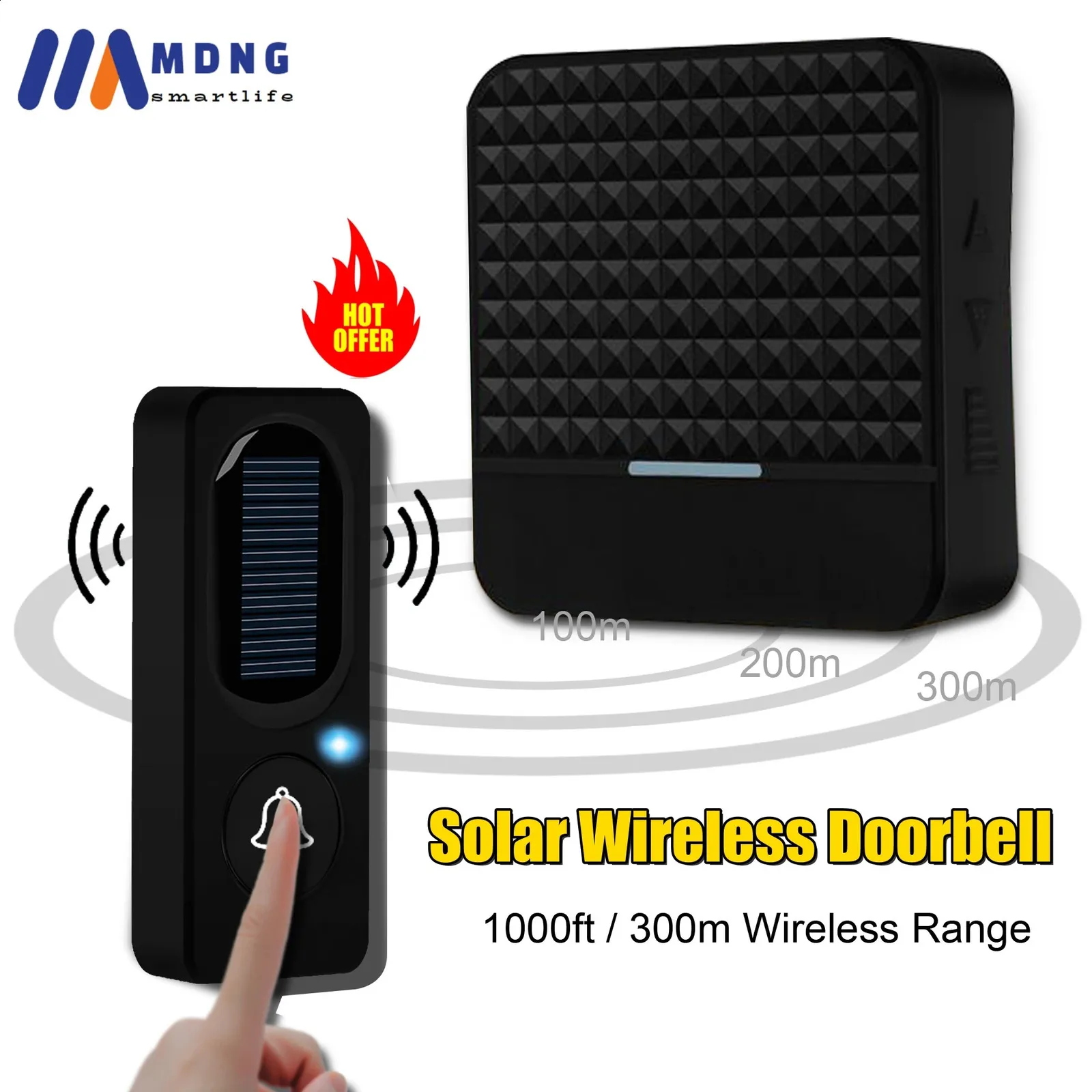 Wireless Solar Doorbell - IP65 Waterproof, 300m Range, EU/US Plug ...