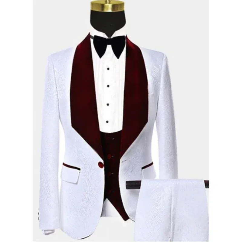 Slim Fit White Pattern Men's Groom White Tuxedo Wedding With Dark Red ...