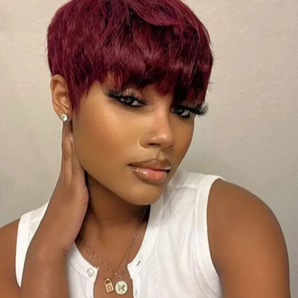 Natural Short Pixie Cut Human Hair Full Machine Wig for Black Women ...