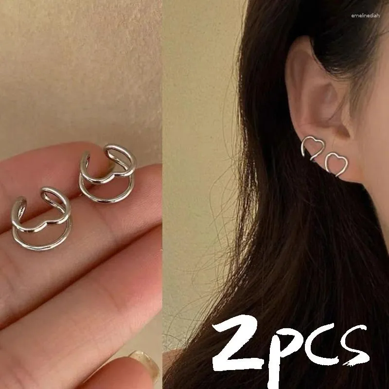 Hollow Heart Ear Clips Silver Cartilage Earrings for Women Girls Minimalist Double Geometric Design Romantic Vintage Party Jewelry