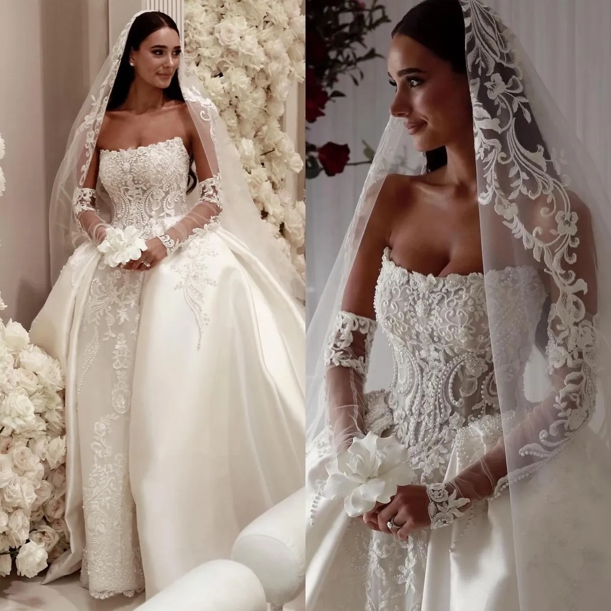 Stunning Saudi Arabic Lace Satin Bridal Ball Gown With Pearls And Satin ...
