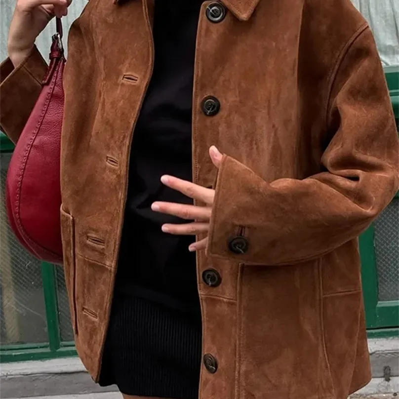 Retro Brown Suede Leather Jacket With Flip Collar Casual Single Chest ...
