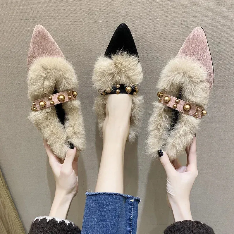 Women's Pointed Toe Rivet Detail Warm Winter Boots - Casual Loafer ...