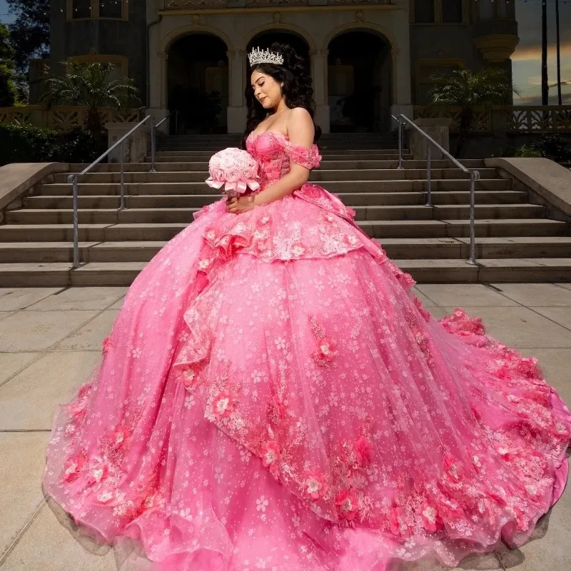 Shiny Off Shoulder Rose Red Princess Pink Floral Quinceanera Dresses ...
