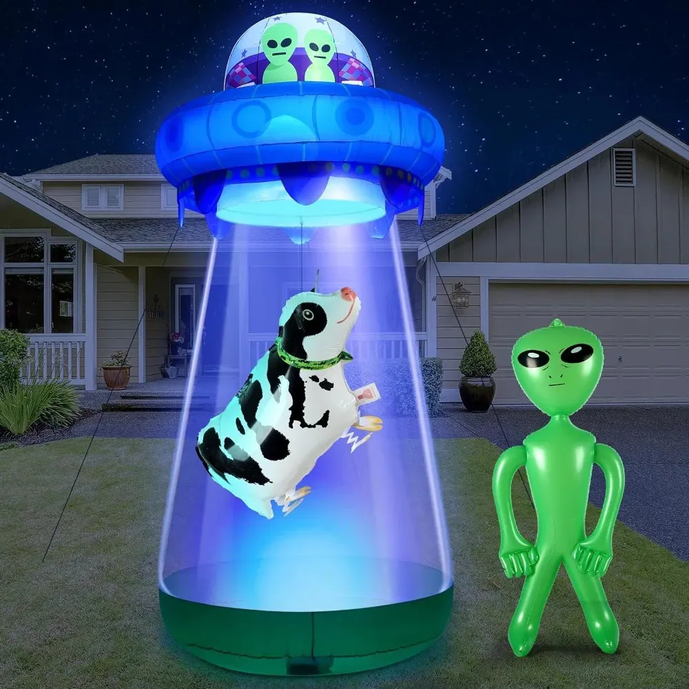 9ft Halloween Inflatable UFO Abduction Scene - Lighted Alien & Cow ...