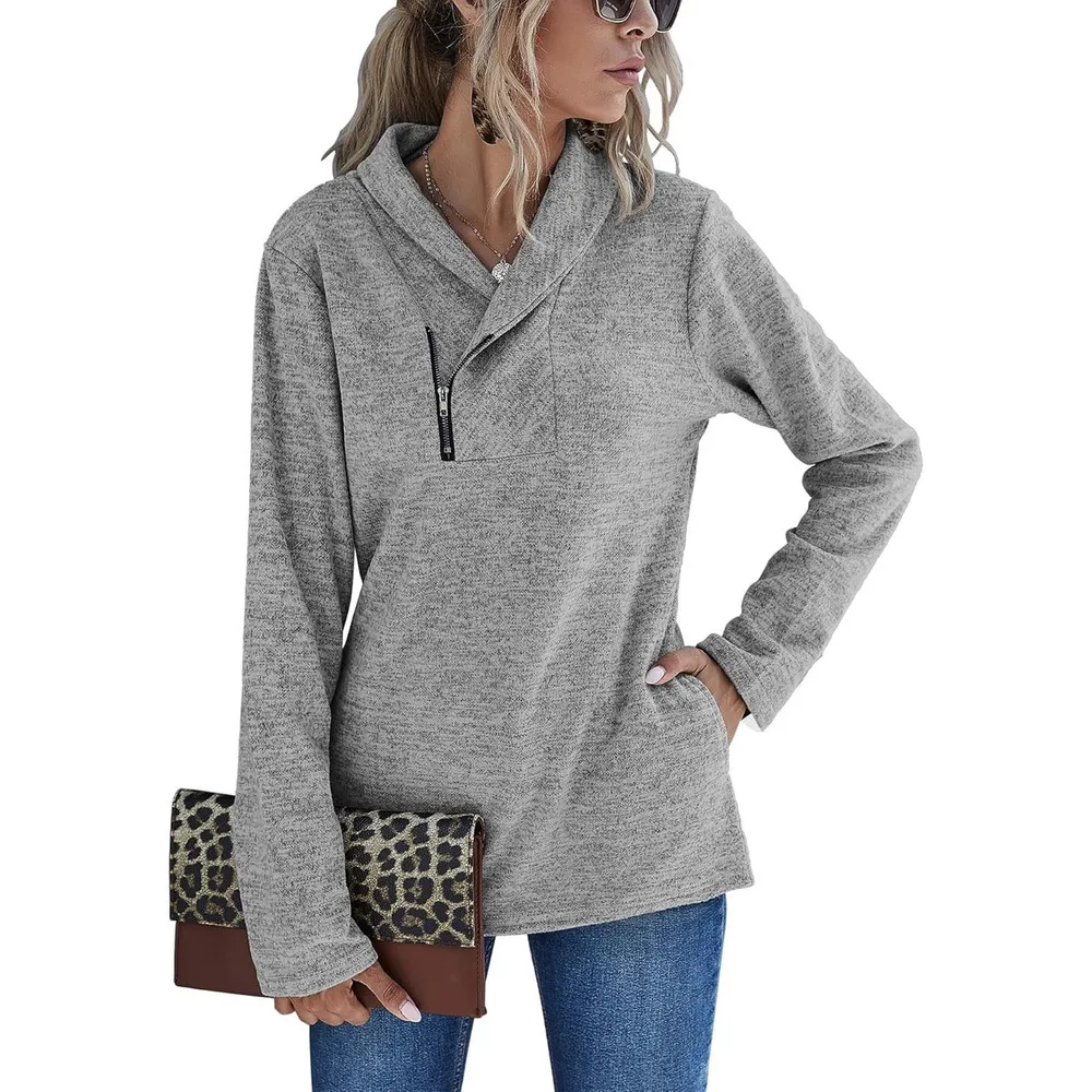 Women's Cowl Neck Sweatshirt - Casual Long Sleeve Pullover with Zip ...