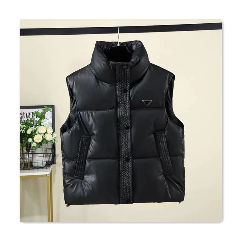 Womens Fashion Down Black Leather Puffer Vest With Stand Up Womens Fashion Down Black Leather Puffer Vest With Stand Up