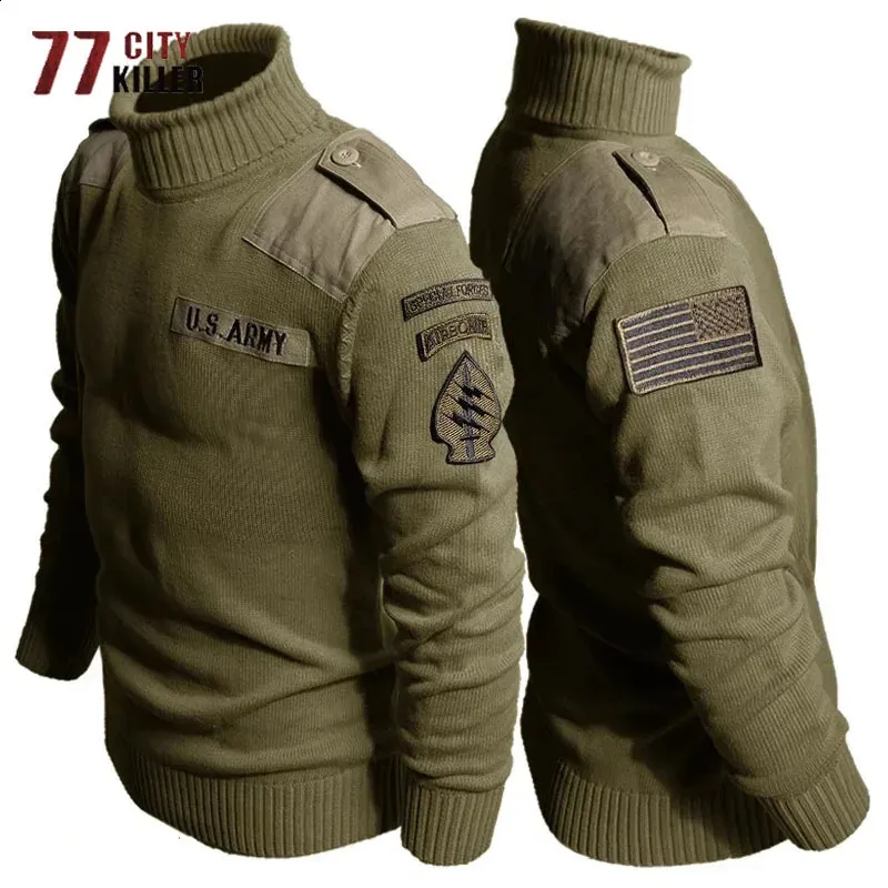 Men's Retro Tactical Turtle Neck Sweater - Cotton Blend Splice Letter ...