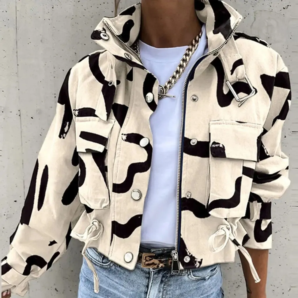 Womens Fashionable Printed Short Casual Jacket Ladies Autumn Rivet High ...