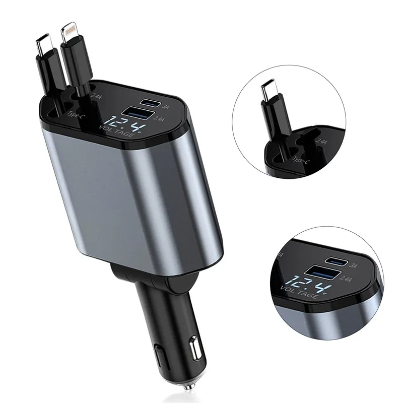 120W Super Fast Car Charger with Digital Display & Retractable Cables ...