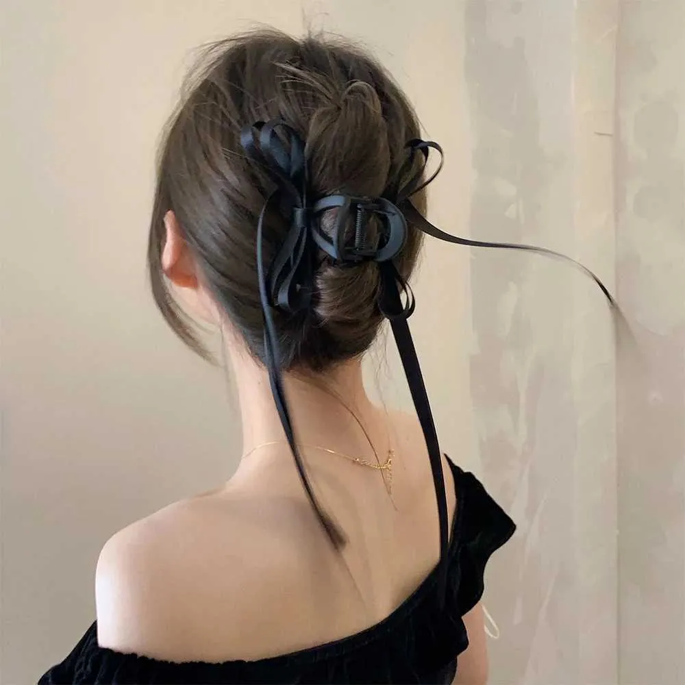 Black Bow Ribbon Hair Claw Clip - Elegant Feminine Hair Accessories for ...