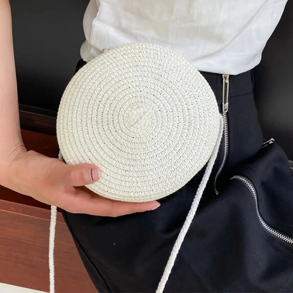 Women's Straw Round Shoulder Bag - Drawstring, Rattan Woven Beach ...