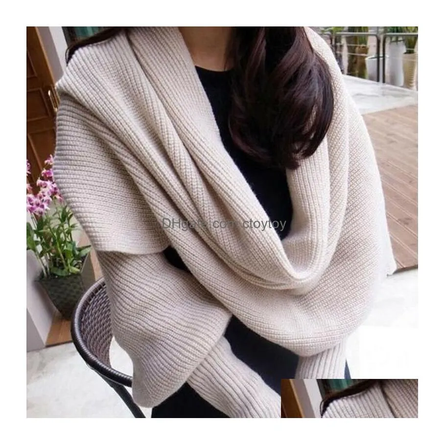 Women's Knitted Sweater Top with Scarf & Sleeve Wrap - Warm Winter ...