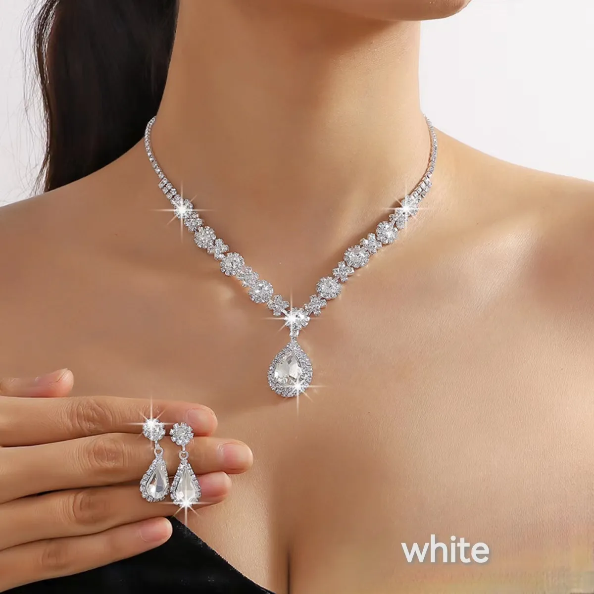 Exquisite Blue Green Full Diamond Water Drop Necklace and Earring Jewelry Set