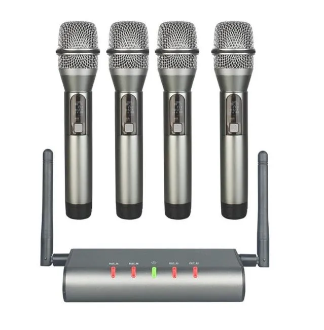 4 Wireless Microphone System Quad UHF Mic 4 Handheld Mics Long Distance ...