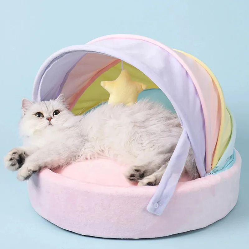 Cozy Rainbow Pet Bed: Half-Enclosed Cat House, Soft Plush Cushion ...