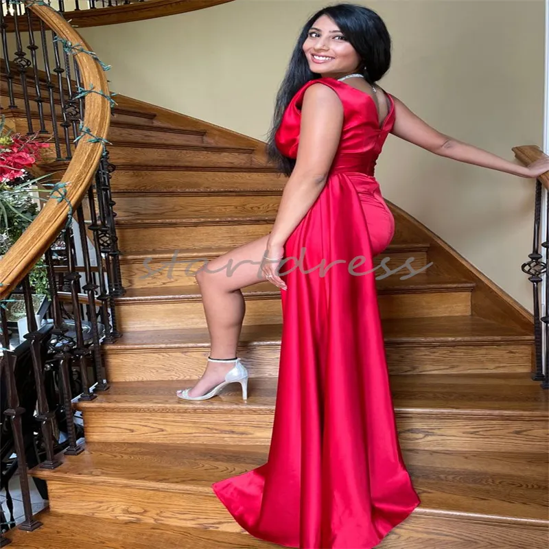 Sexy Red Mini Prom Dress - V Neck, Side Train, Fashion Satin Cocktail ...