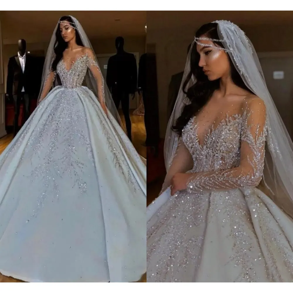 2024 Sequins Wedding Dresses: Arabic Crystals Sheer Ball Gown From ...