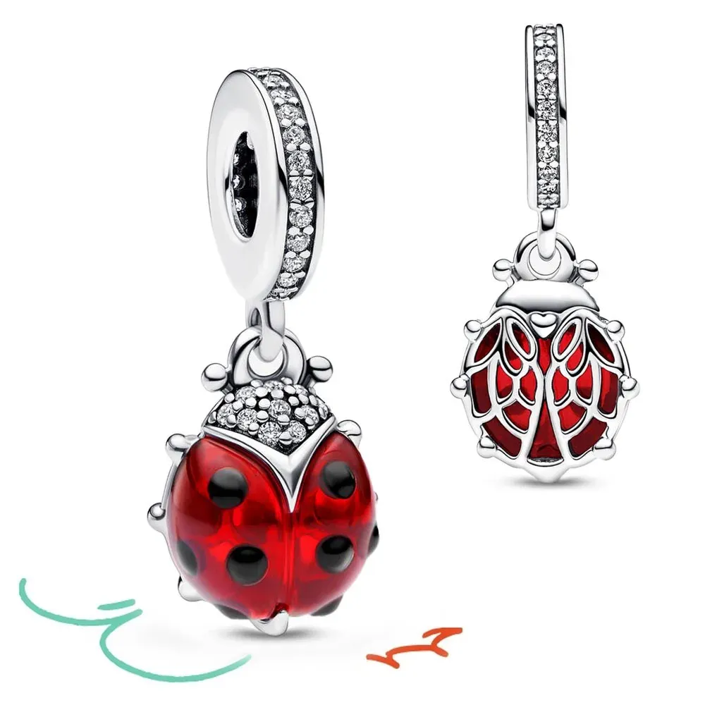 925 Sterling Silver Charm Bracelet Red Ladybug Murano Glass Dangle ...