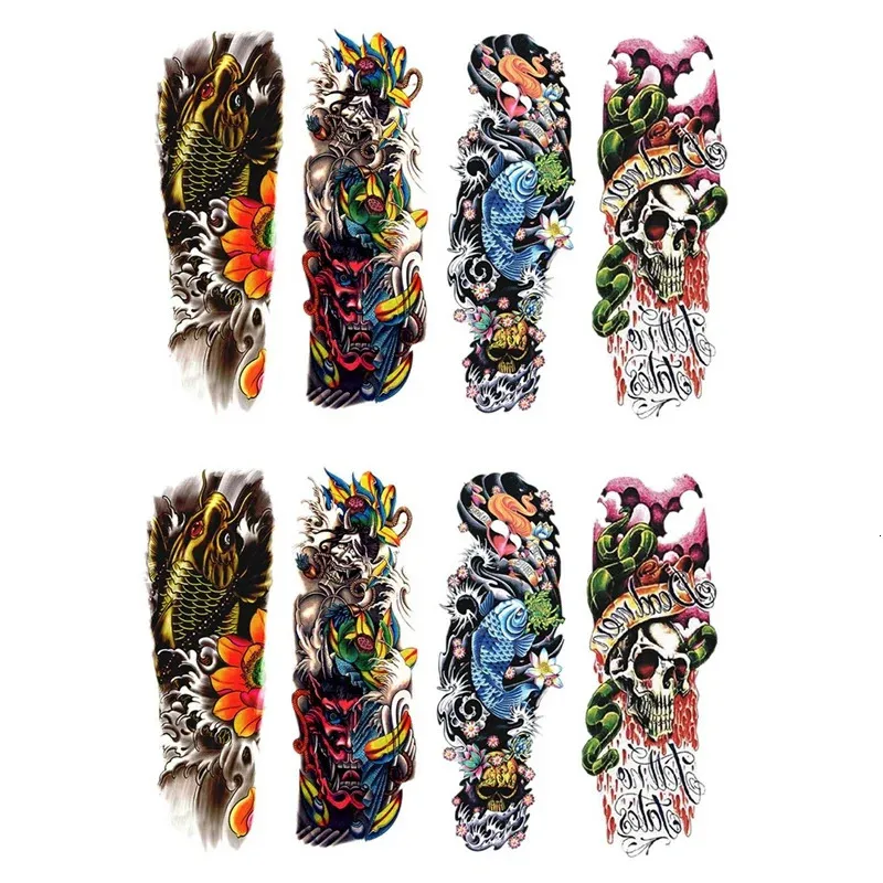 8 Large Full Arm Temporary Tattoos - Fish, Skull, Mechanical Designs ...