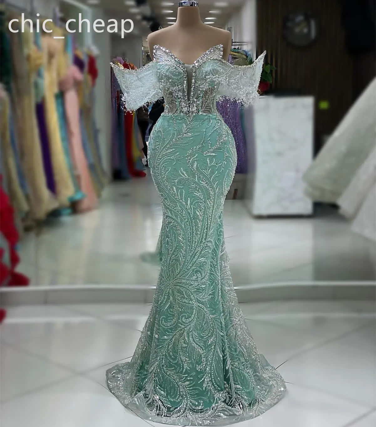 Mint Mermaid Green Sparkly Prom Dress With Pearls And Crystals Perfect ...