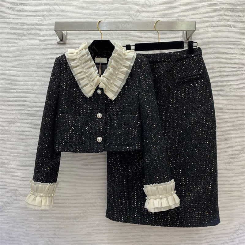 Luxury Tweed Two Piece Set For Women V Neck Short Jacket With Beaded ...